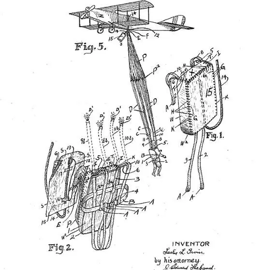 Лесли Ирвин, «қауіпсіз парашют жинағы» үшін 1 323 983 патент, 1918 ж.