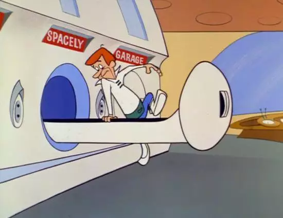 Џорџ вовлекува во пневматска цевка која ќе го пренесе до канцеларијата на г. Спејли (1963)