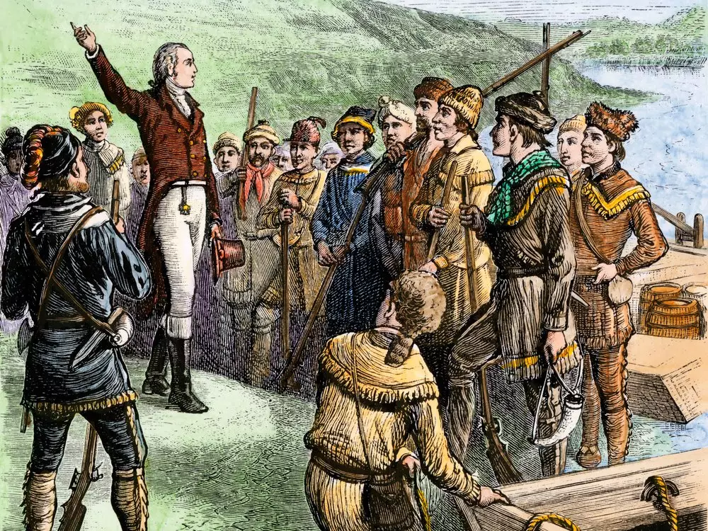 Aaron Burr nyengkuyung para pengikuté ing Blennerhassett Island Ohio River 1805
