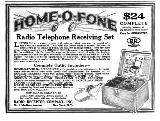 Reklama na krištáľové rádio „Home-O-Fone“.