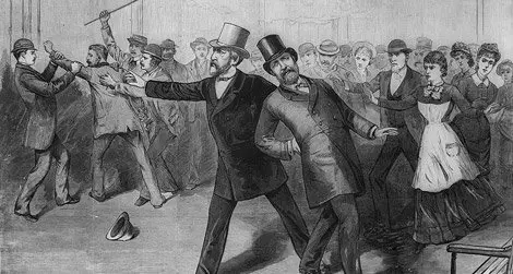 Taiteilijaesitys Charles Guiteaun hyökkäyksestä presidentti Garfieldia vastaan