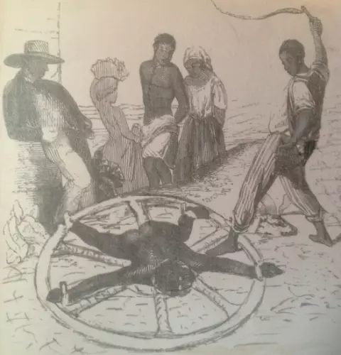 Le prince Klaas, chef de la prétendue rébellion des esclaves à Antigua, sur la roue.