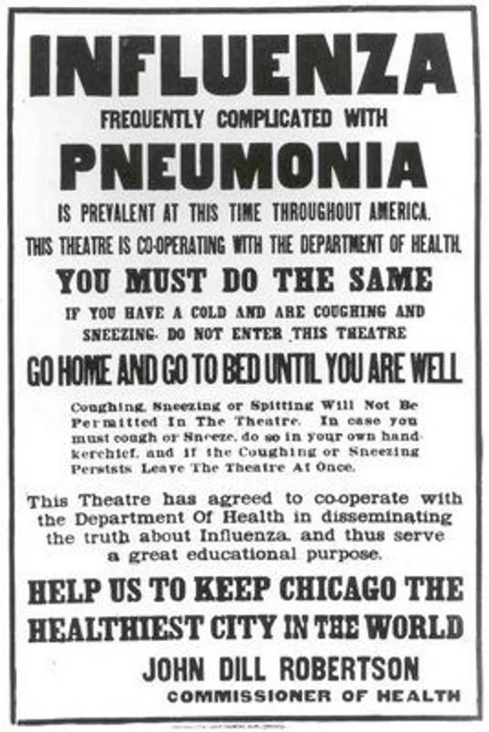 Un póster de saúde pública de Chicago describe as normas sobre a gripe durante a pandemia.