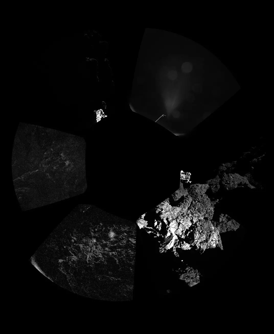 Taispeánann an chéad íomhá lánléargais ó dhromchla cóiméid, neamhphróiseáilte, radharc 360 céim timpeall Philae -- tá cosa an tuirlingthe le feiceáil i roinnt frámaí, creidiúint: ESA/Rosetta/Philae/CIVA