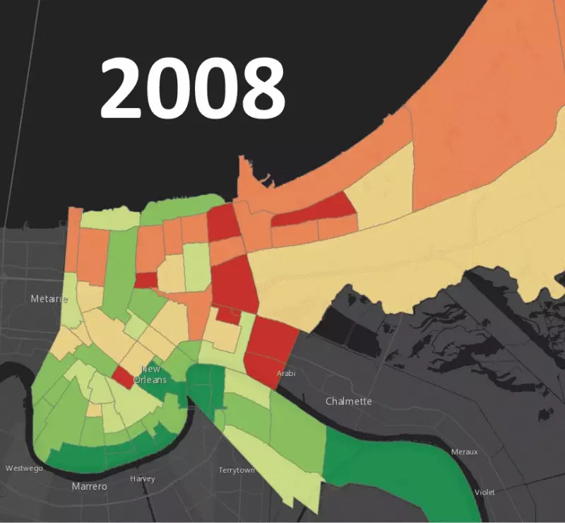 Maapụ ndị a na-egosi mmetụta siri ike nke Hurricane Katrina na New Orleans