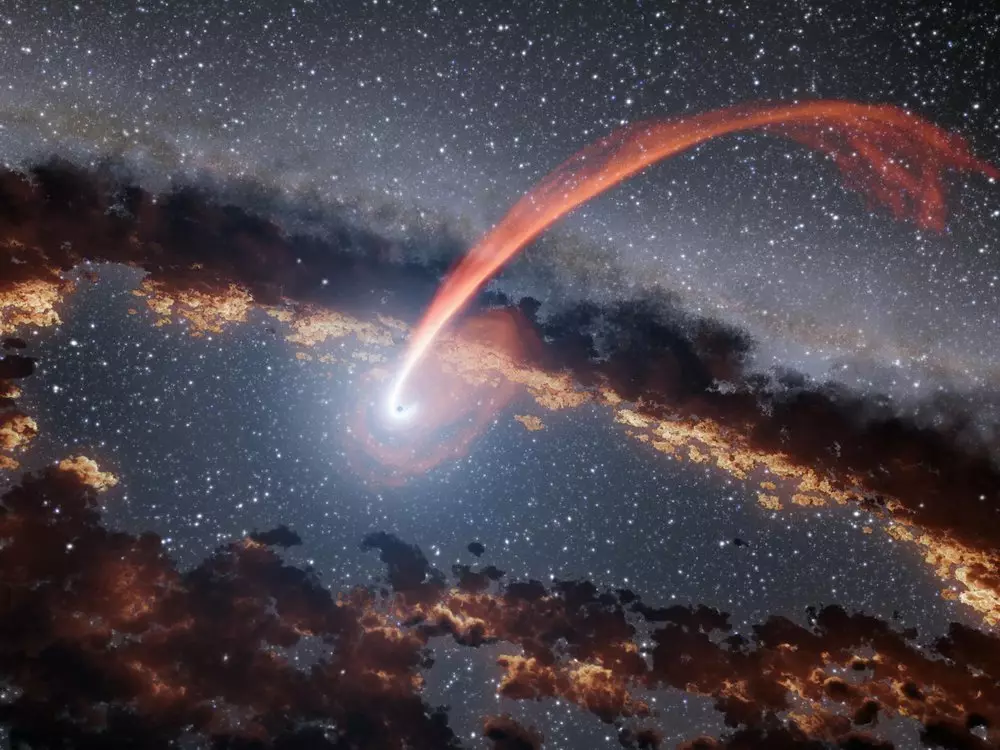Художественная иллюстрация черной дыры, «съедающей» звезду.