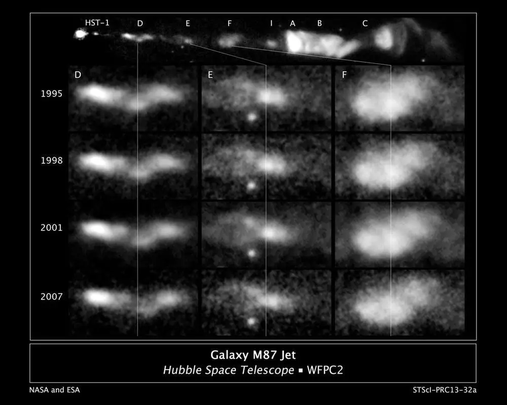 ഭീമാകാരമായ എലിപ്റ്റിക്കൽ ഗാലക്സി M87-ലെ തമോദ്വാരത്തിൽ പ്രവർത്തിക്കുന്ന ചൂടുള്ള വാതകത്തിന്റെ ജെറ്റ്.