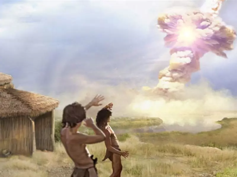 En kunstners fortolkning af et kometluftbrud over landsbyen