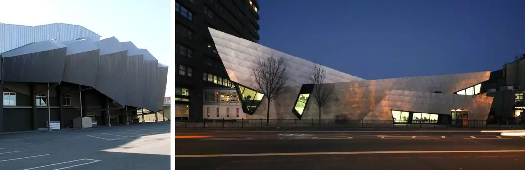 Kiri: Greg Lynn, Douglas Garofalo dan Michael McInturf, Gereja Presbyterian Korea New York (1999). Kanan: Studio Daniel Libeskind, London Metropolitan Gateway (2004)