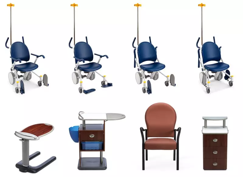 ထိပ်တန်း- Michael Graves Design Group နှင့် Stryker Medical၊ Prime Transport Chair အောက်ခြေ- Stryker Patient Suite။