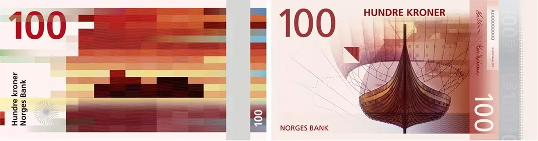 Le nouveau billet de 100 couronnes de la Norvège ressemblera à ceci. À gauche : conception de Snøhetta pour le verso. À droite : la conception du système métrique pour l'avers.