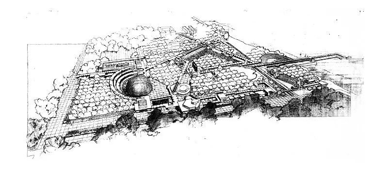 Debuxo conceptual inicial do campus FSC por Frank Lloyd Wright (imaxe: FLorida Souther College Library)