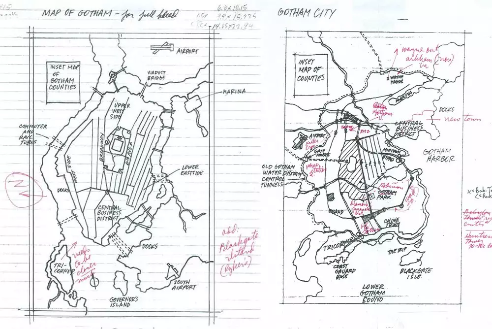 Gotham haritası için erken geliştirme çizimleri, Eliot R. Brown'ın izniyle