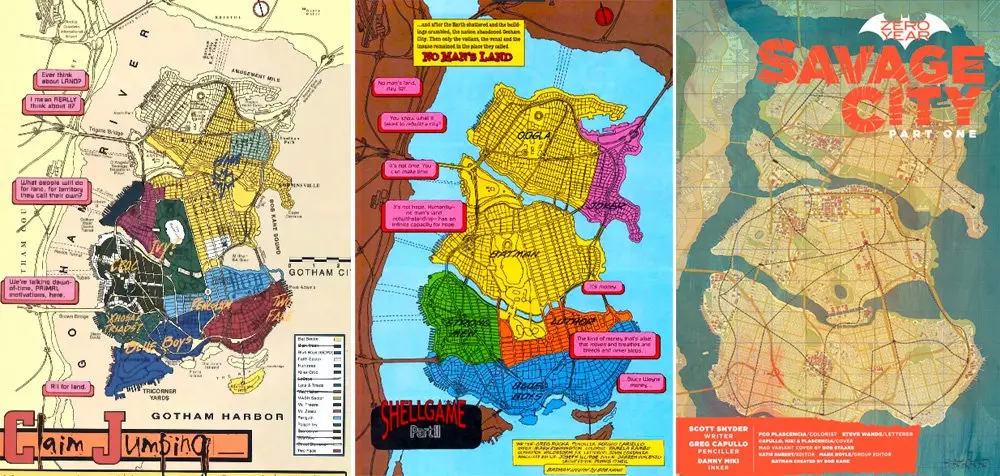 დატოვა ორი სურათი: ელიოტ რ. ბრაუნის გოთამ სიტის რუკა, როგორც ეს გამოჩნდა კომიქსებში დაახლოებით 1999 წელს; მარჯვენა სურათი: ბრაუნის რუკა, რომელიც გამოჩნდა ბეტმენის ბოლო ნომერში
