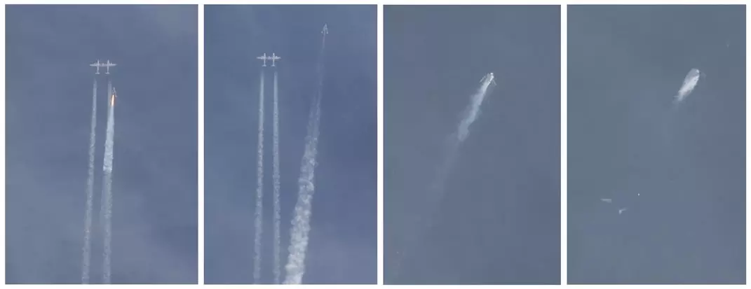 ترکیبی از عکسها، SpaceShipTwo متعلق به ویرجین گالاکتیک را نشان میدهد که از هواپیمای جتی که آن را به پرواز درآورده بود جدا میشود و سپس بر فراز آسمان صحرای موهاوی کالیفرنیا منفجر میشود. عکس: STRINGER/Reuters/Corbis