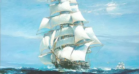 Ariel i Taeping al mar durant la gran carrera del te de 1866. Pintura a l'oli de Jack Spurling, 1926