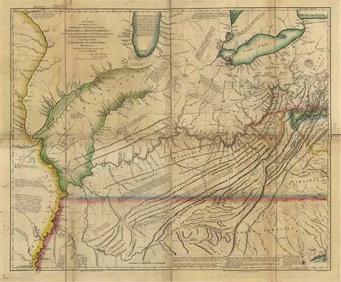Virdžīnijas Pensilvānijas un Ziemeļkarolīnas rietumu daļu karte
