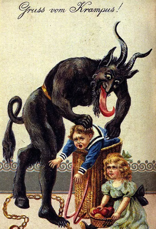 جرمنی میں، سانتا کی سائڈ کِک ایک کلون والے، بچوں کو کوڑے مارنے والا شیطان ہے۔