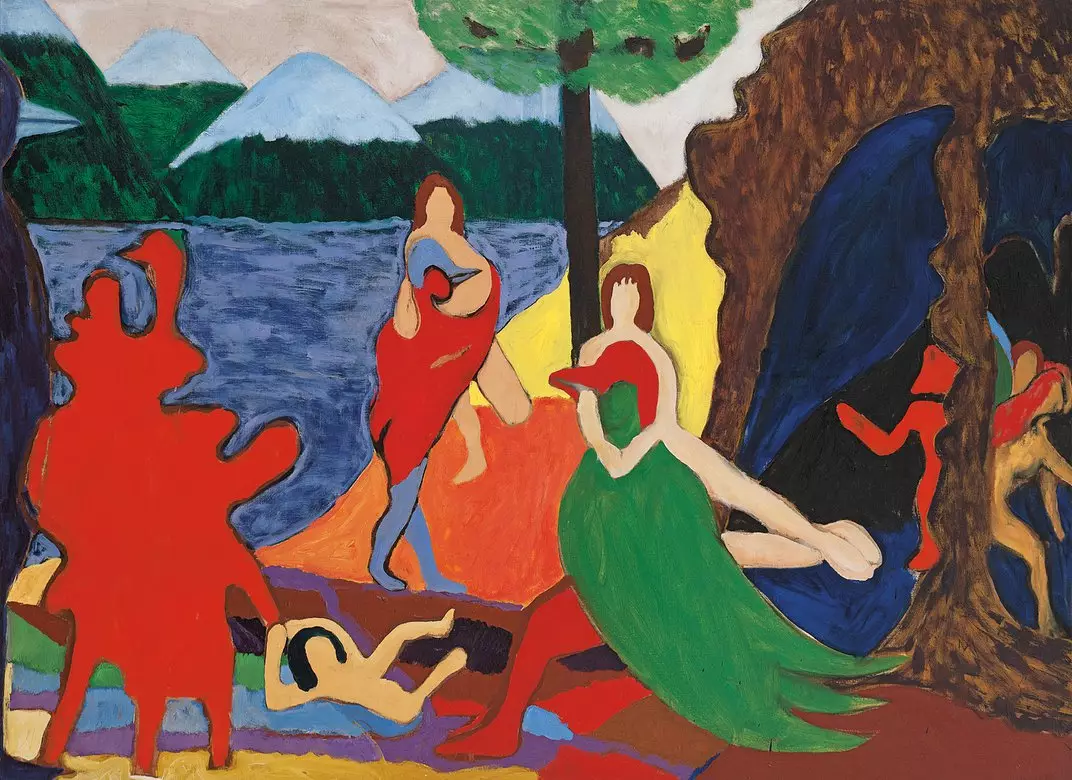 una pintura colorida que representa una fiesta al aire libre