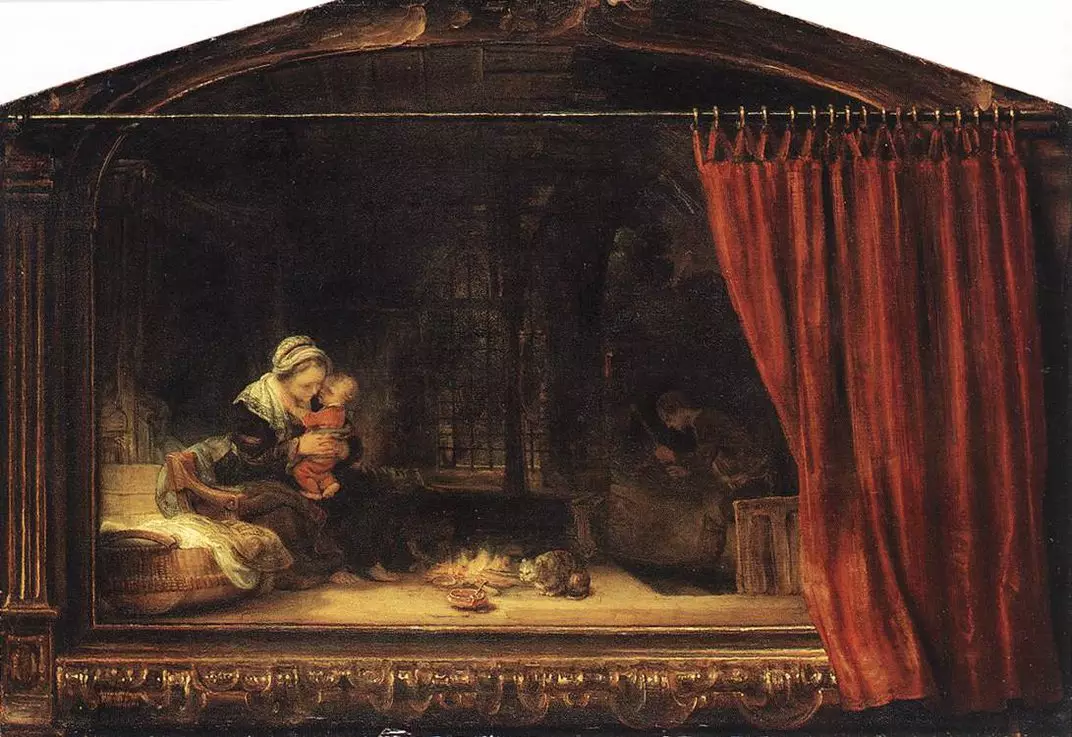 Hellig familie med et gardin, Rembrandt