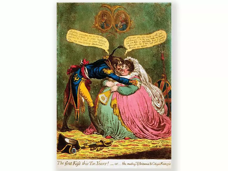 En satire fra 1803 over den korte freden mellom Frankrike (offiseren) og Storbritannia (kvinnen)