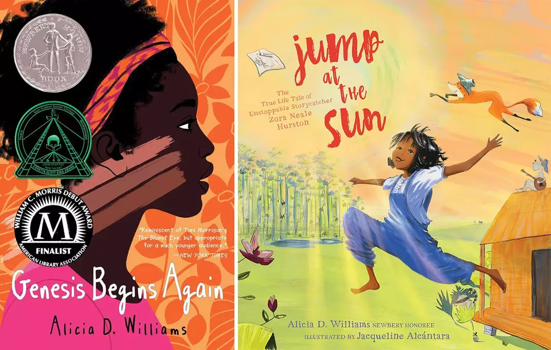 Două coperți de cărți pentru copii una lângă alta. Pe elft: Genesis Behinds Again, cu o ilustrare a unei tinere fete de culoare pe un fundal cu model floral. În dreapta, Jump at the Sun, cu o ilustrație a unei fete de culoare care sare în aer liber.