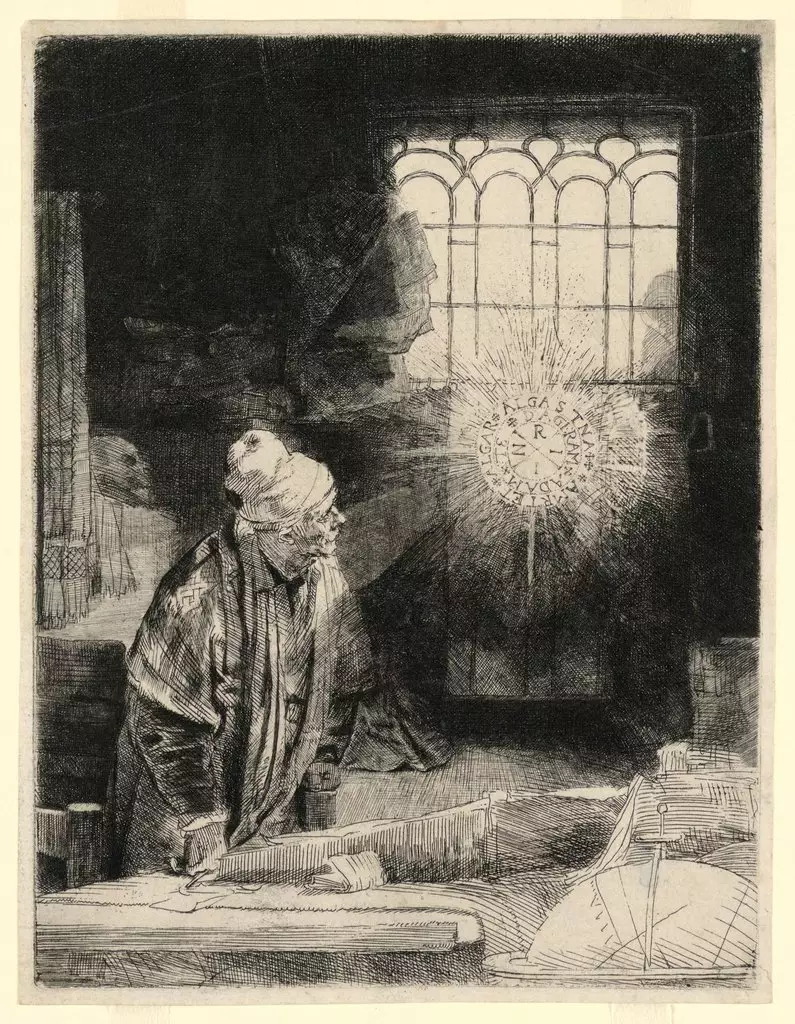 Unha estampa gravada nun papel branco roto dun turbante e unha túnica de Fausto, observando un disco máxico brillante e flotante.