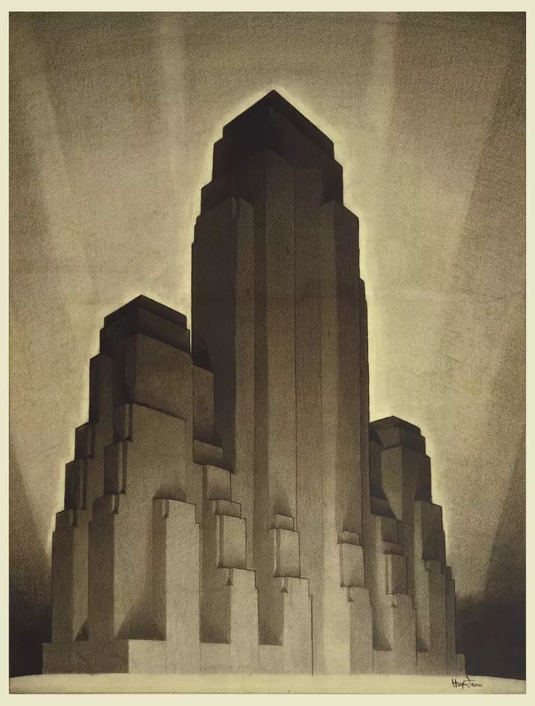 Un disegno a pastello nero in tonalità che vanno dal bianco, marrone, nero e grigio di un Art Deco stilizzato, linee morbide e forme geometriche, studio di costruzione di New York City.