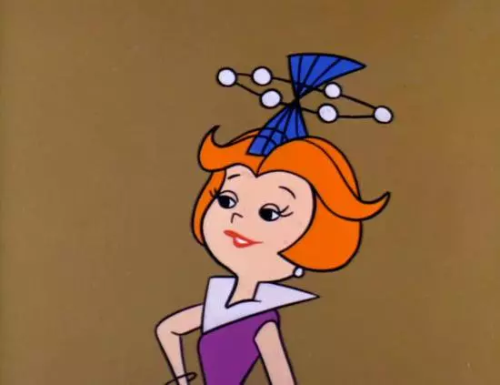 Джейн Джетсънс показва новата си шапка, която тя нарича „Венера извън лицето“ (1962)