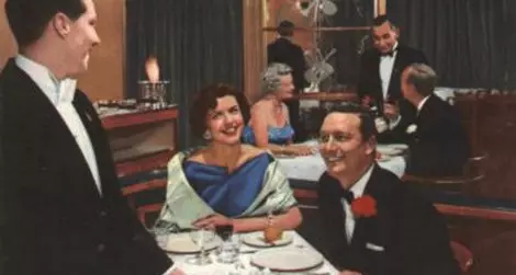 1950 کے ورلڈ کروز بروشر سے، RMS Caronia پر سوار کھانا۔
