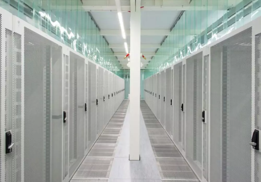 A row of servers, housed in an Iceland data center. 