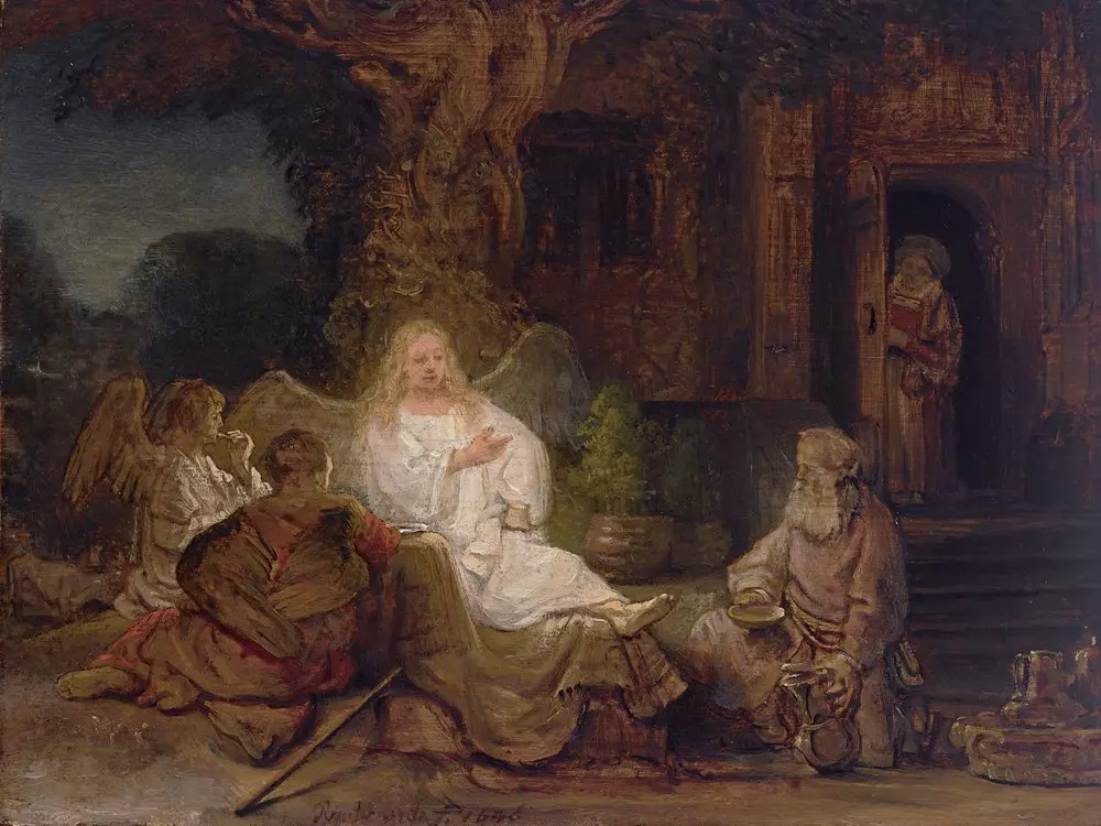 Un panel que representa a un home con ás sentado no centro do cadro, iluminado por unha fonte de luz que parece saír do seu interior, rodeado por outros dous viaxeiros, un Abraham e Sarah anciáns asomando pola porta da casa.