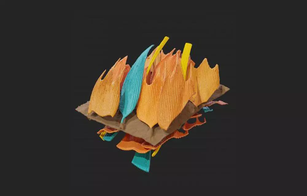 Μια πολύχρωμη εικόνα μοντέλου υπολογιστή με τα διχαλωτά λέπια του σκόρου