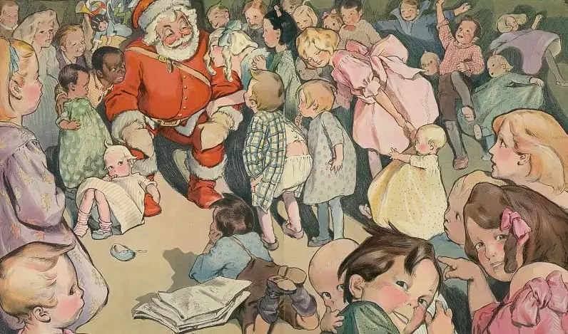 ilustracija otrok, ki se zbirajo okoli Božička