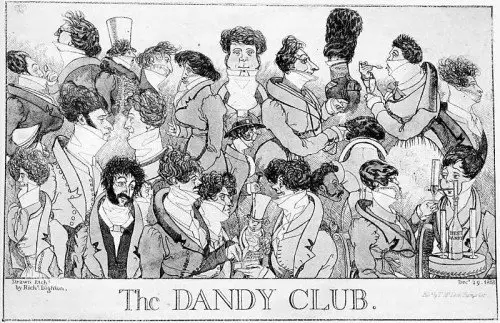 Dandies en el club de juego de Watier, vistiendo la moda exagerada de c.1817.