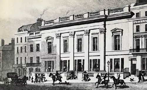 El exterior del nuevo y opulento club de juego de Crockford, inaugurado en medio de una gran emoción en 1828.