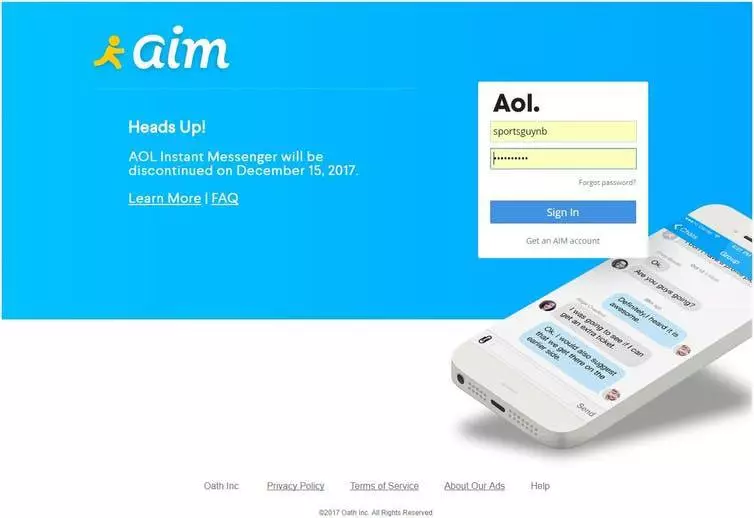 Η σελίδα σύνδεσης από το AIM.com