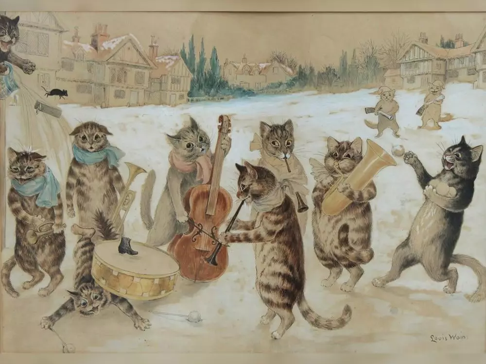 Louis Wain ilustración de gatos cantando villancicos