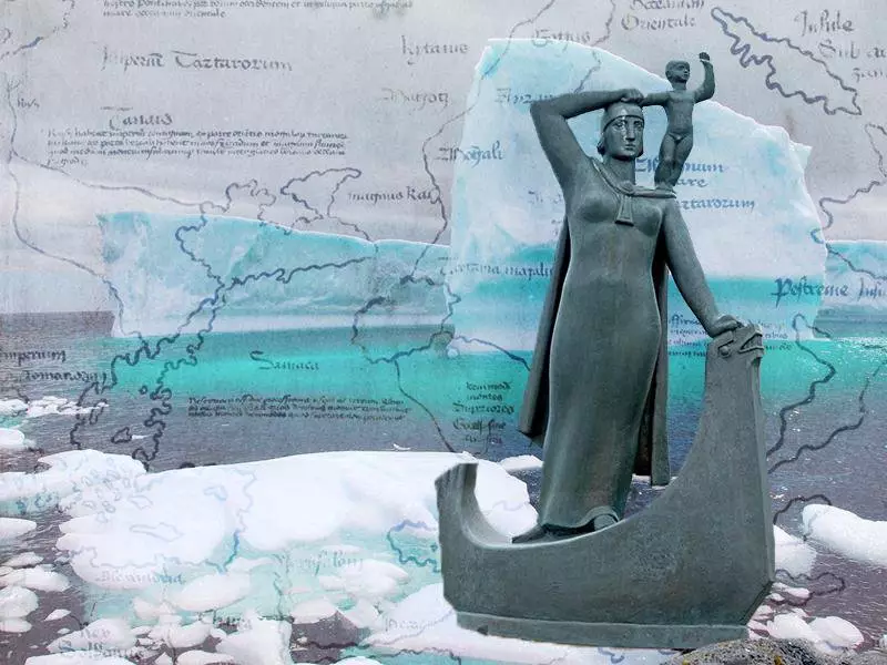 빙산 앞에 있는 Gudrid와 그녀의 아들의 동상과 Vinland 지도를 보여주는 그림