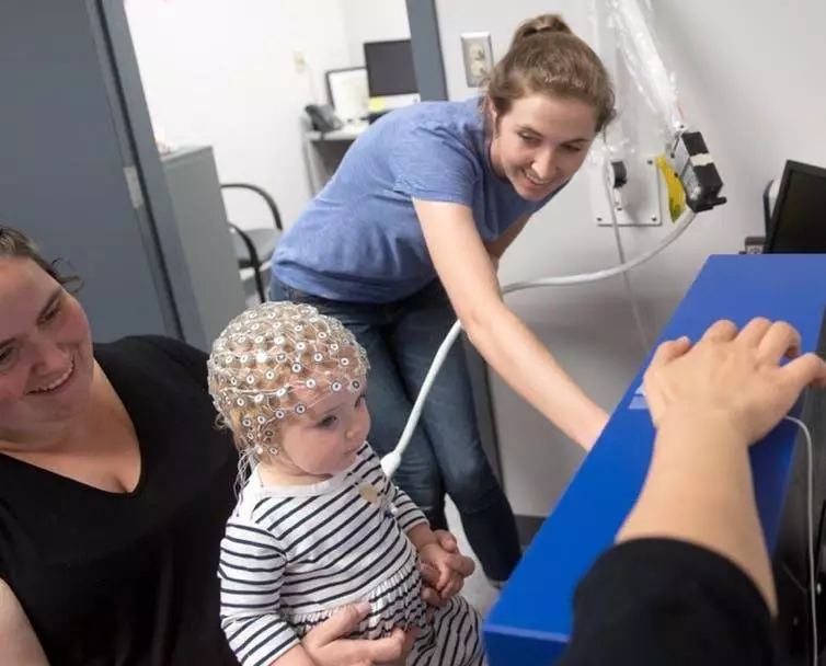 Mũ điện não đồ cho phép các nhà nghiên cứu ghi lại hoạt động não của tình nguyện viên trẻ sơ sinh.