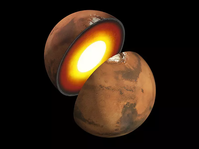 Un'illustrazione di Marte. Il pianeta sembra essere stato tagliato a metà e separato. L'esterno della sfera è screziato di rosso e marrone e la sezione trasversale rivela un nucleo luminoso circondato da un mantello giallo-arancio, quindi una crosta grigia.