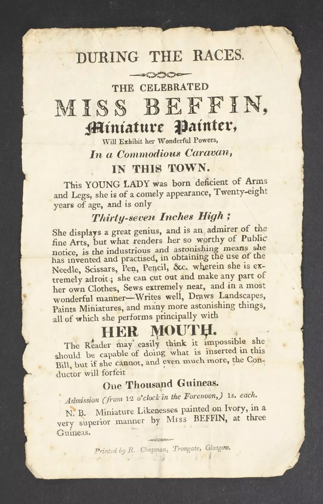 Un folleto que anuncia a señorita Biffin, pintora en miniatura
