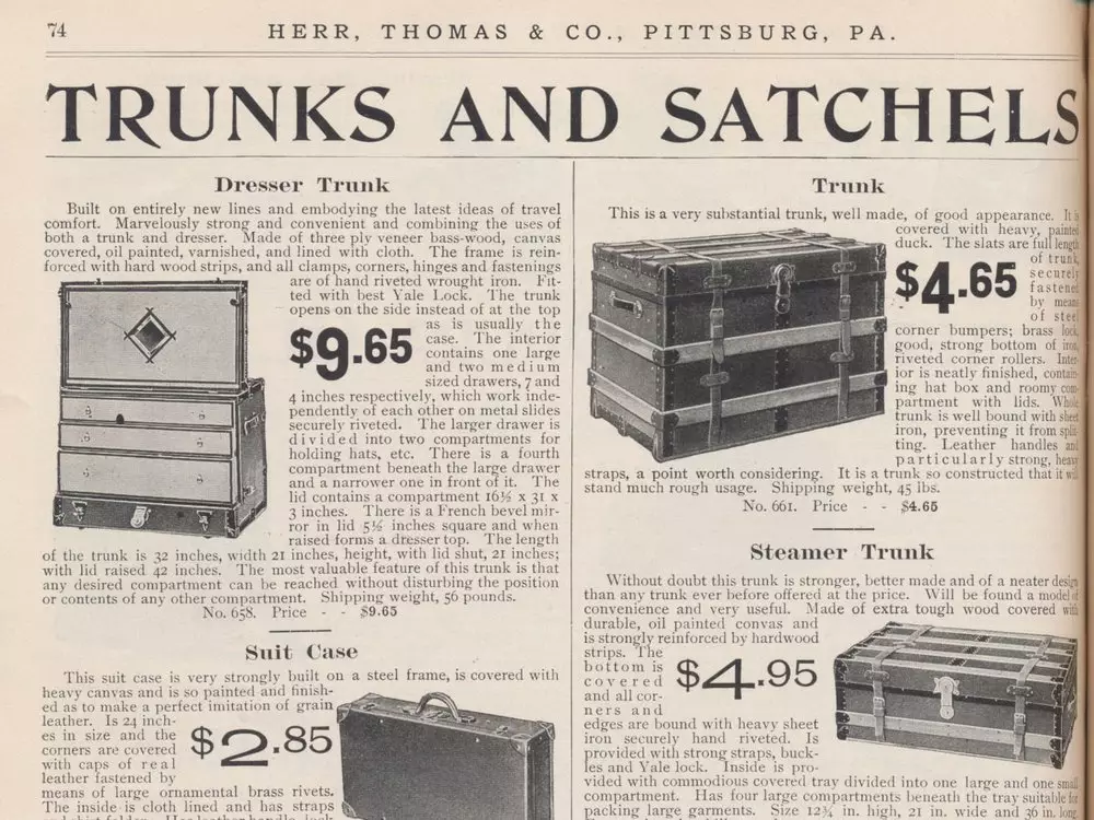 Herr, Thomas & Co., Pittsburg, PA. Catalog No. 101 (1907), ຫນ້າ 74, Dresser Trunk, Suit Case, Leather Suit Case, Cabinet Bag, Trunk, Steamer Trunk, Handbag or Satchel.