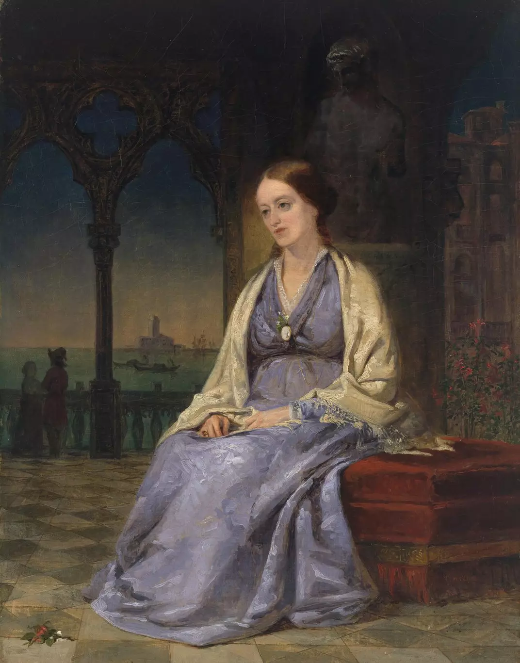 Ein Porträt von Margaret, einer weißen Frau mit dunkelblonden Haaren, die mit den Händen in ihrem Land sitzt und ein immergrünes Kleid trägt, mit einem Hafen und Schiffen im Hintergrund