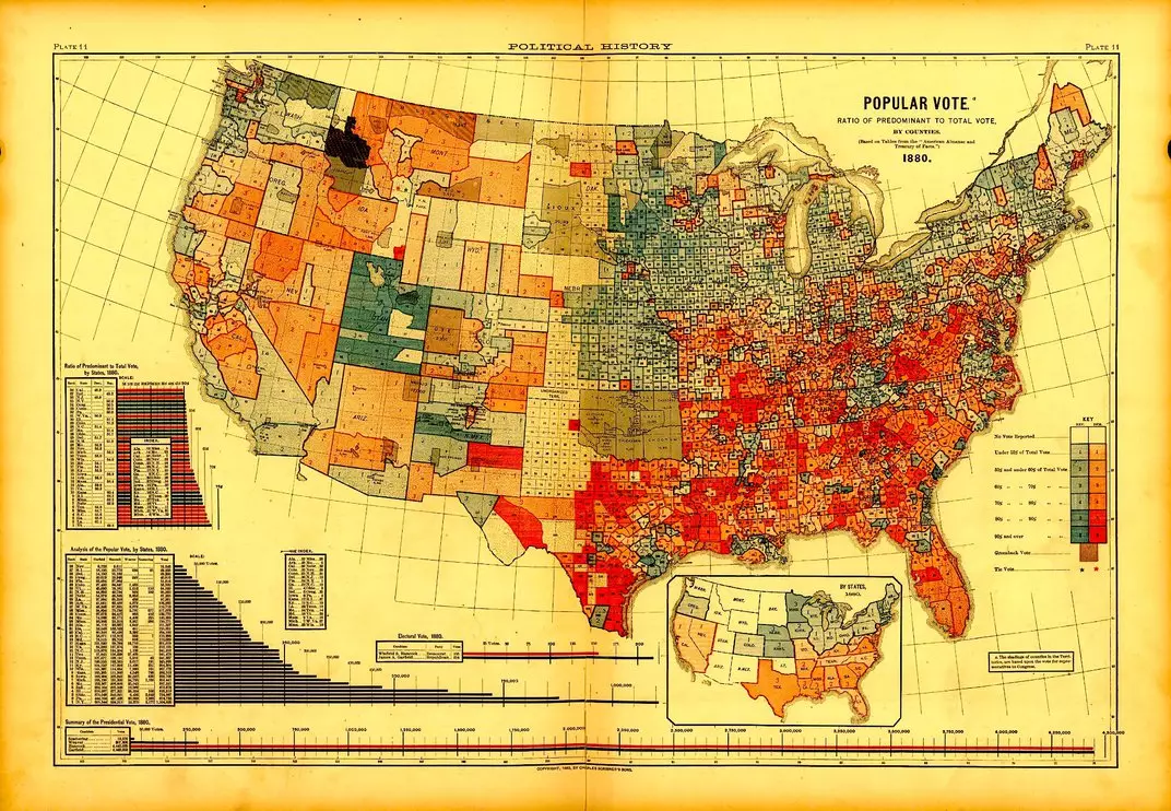 Kartta, joka näyttää läänin tason vaalien tulokset, 1880