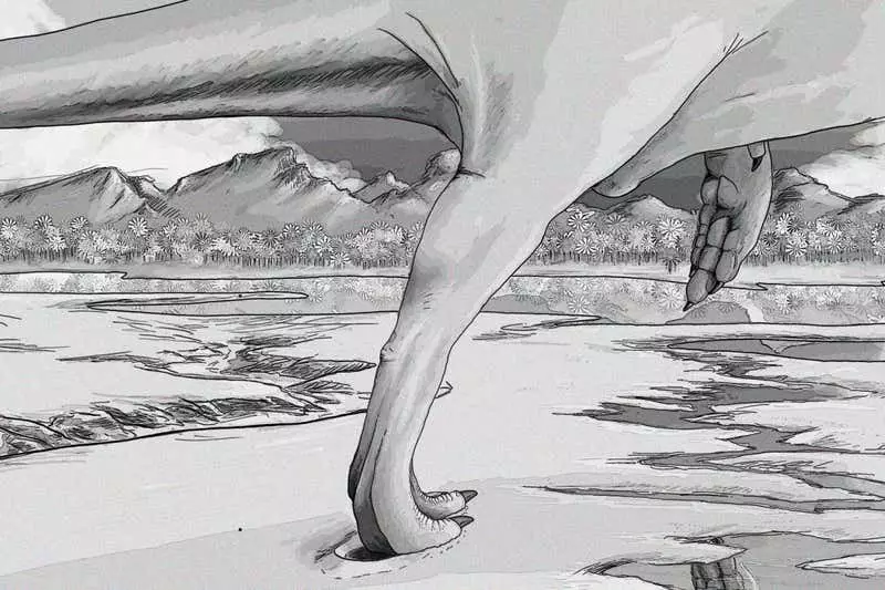 Ilustracija teropoda koji trči kroz blato. Vidljiva je samo njegova stražnja strana i dvije stražnje noge. Pozadina ima široku muljevinu s visokim planinama na horizontu.