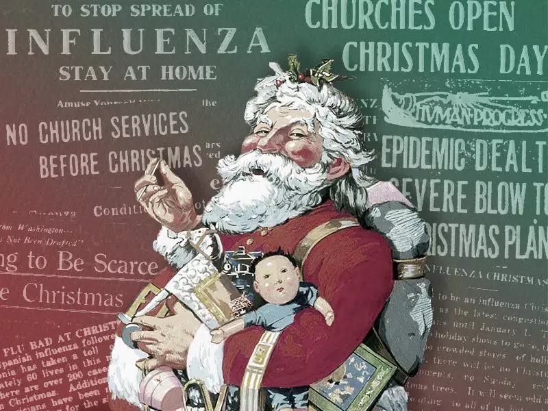 Misali na Santa Claus a gaban kanun labarai game da Kirsimeti 1918