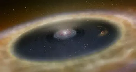 Umělcova koncepce hvězdy LkCa 15 a blízké protoplanety