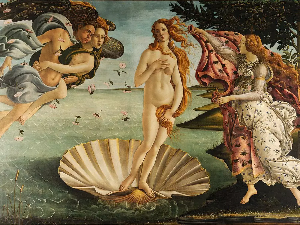 Kuva Sando Botticellin maalauksesta La nascita di Venere eli Venuksen syntymä. Maalauksessa on alaston nainen seisomassa kuoren päällä.