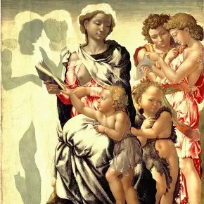Kuva Michelangelon maalauksesta Manchester Madonna. Maalaus on keskeneräinen ja siinä on taustalla kahden enkelin ääriviivat vihreällä temperamaalilla